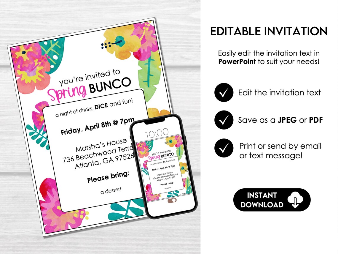 Spring Floral Bunco Party Kit: Score Cards & Editable Invitation ...
