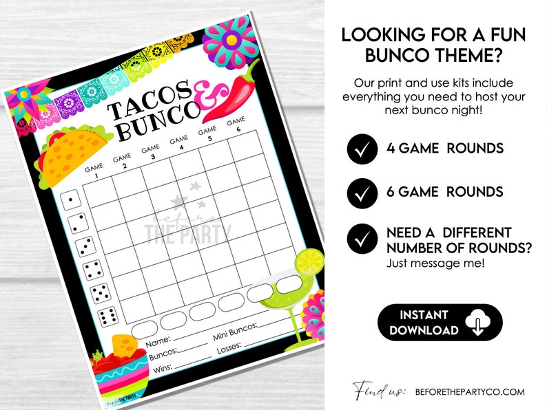 Taco Night Bunco Party Bundle Printable, Score Cards, Table Numbers ...