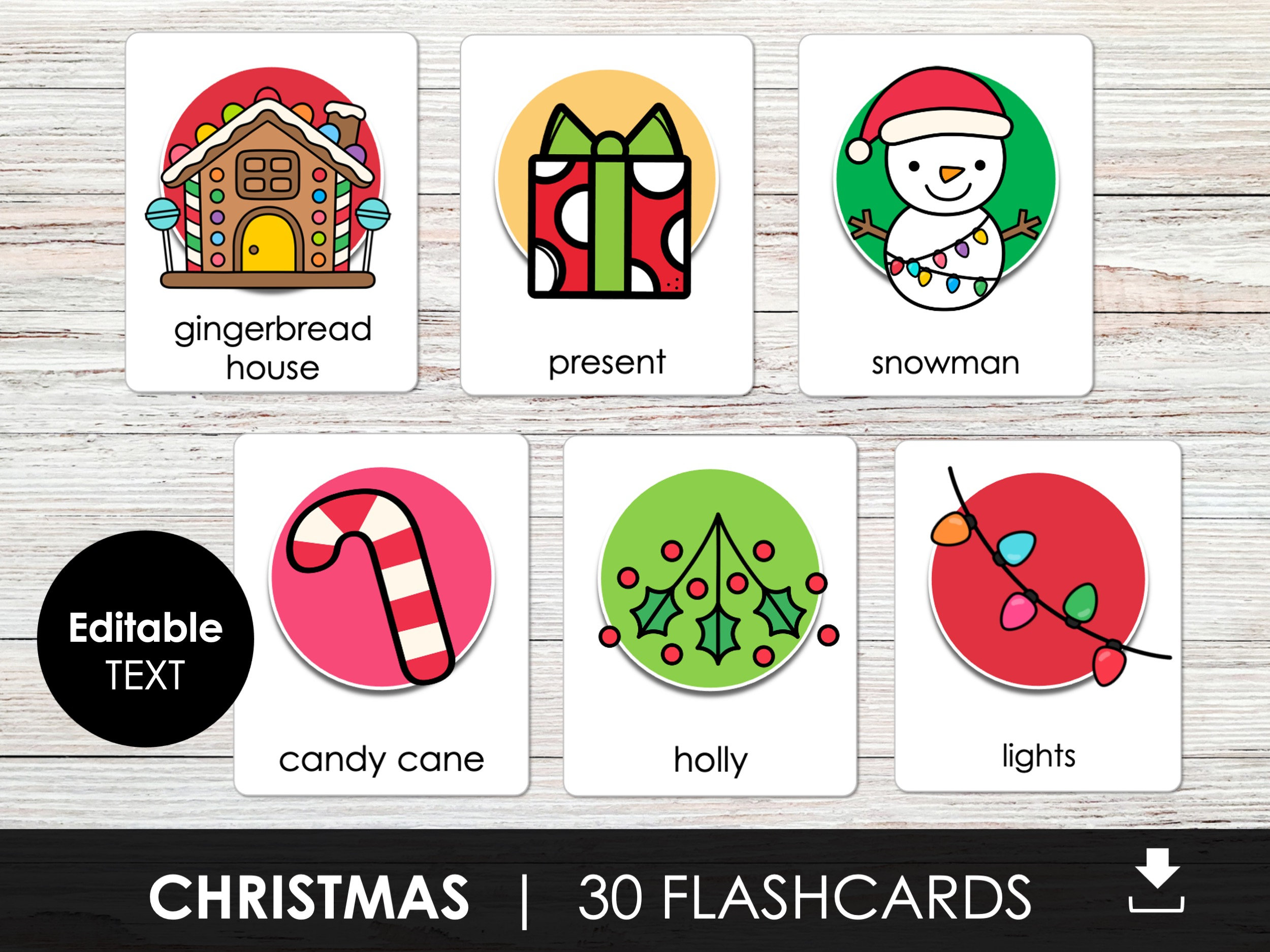 Christmas Flash Cards for Kids, Holiday Vocabulary Cards, Editable ...