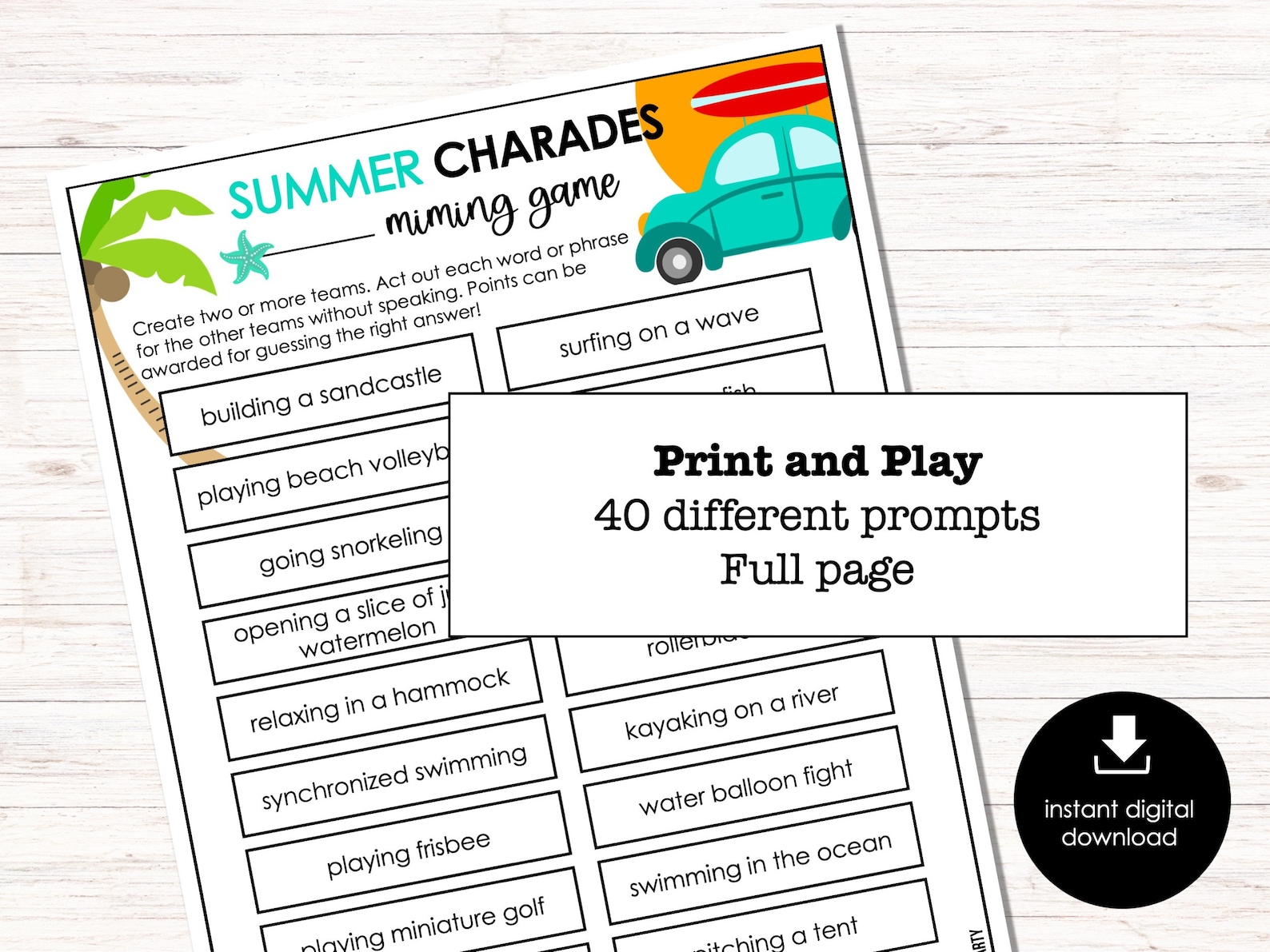 Summer Charades Game: Printable Family Party Fun (digital Download) - Etsy