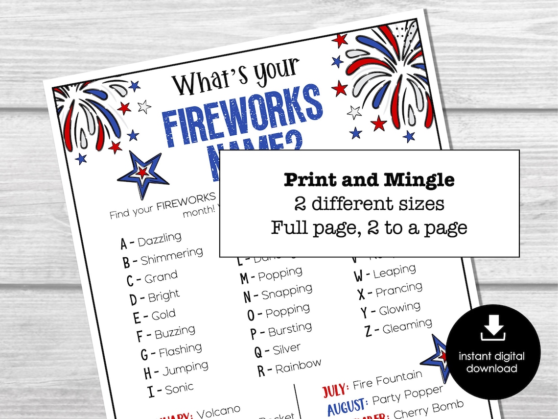 What's Your Fireworks Name 4th of July Ice Breaker Game - Etsy