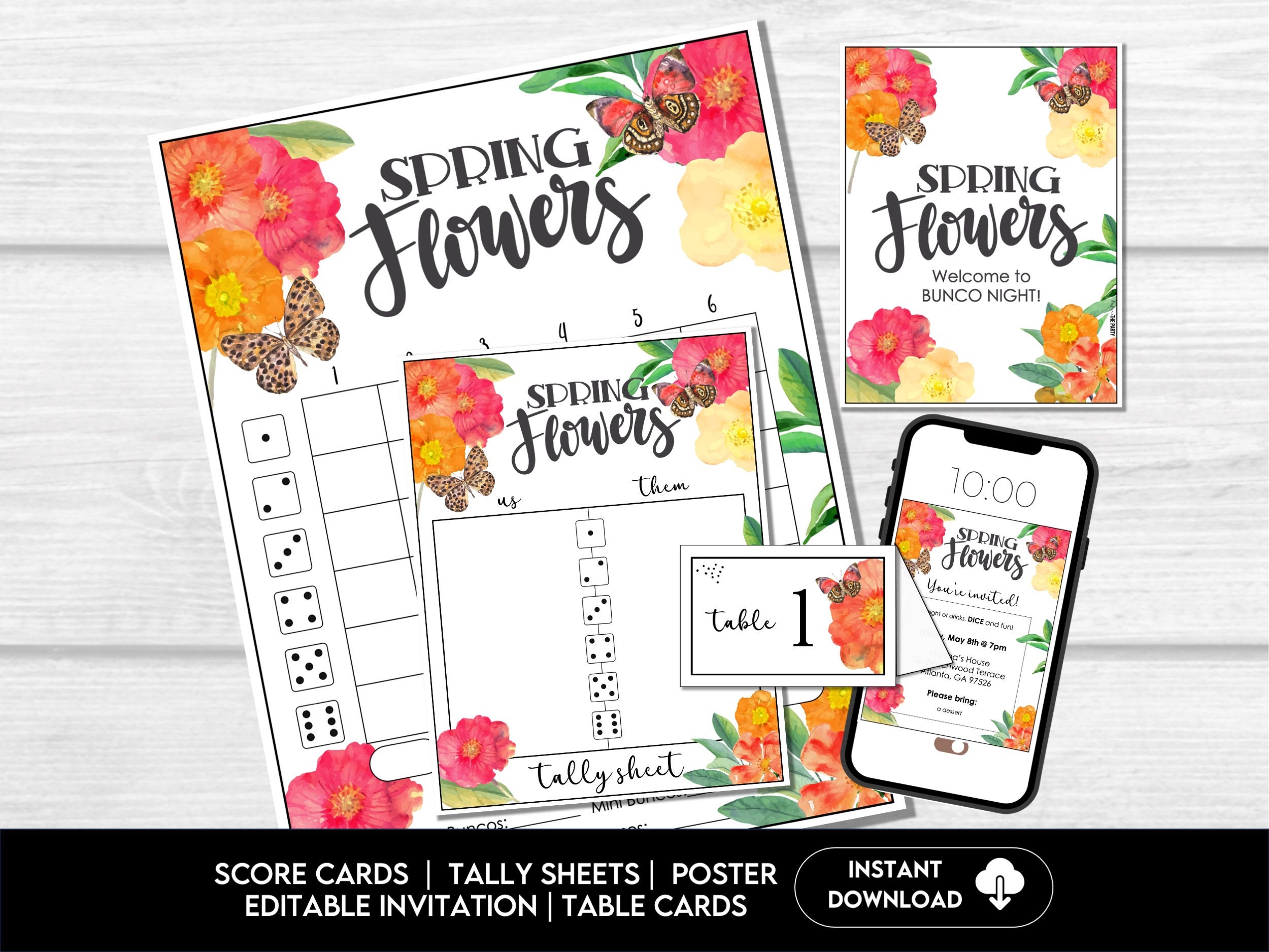 Spring Flowers Bunco Party Bundle Printable, Score Cards & Editable ...