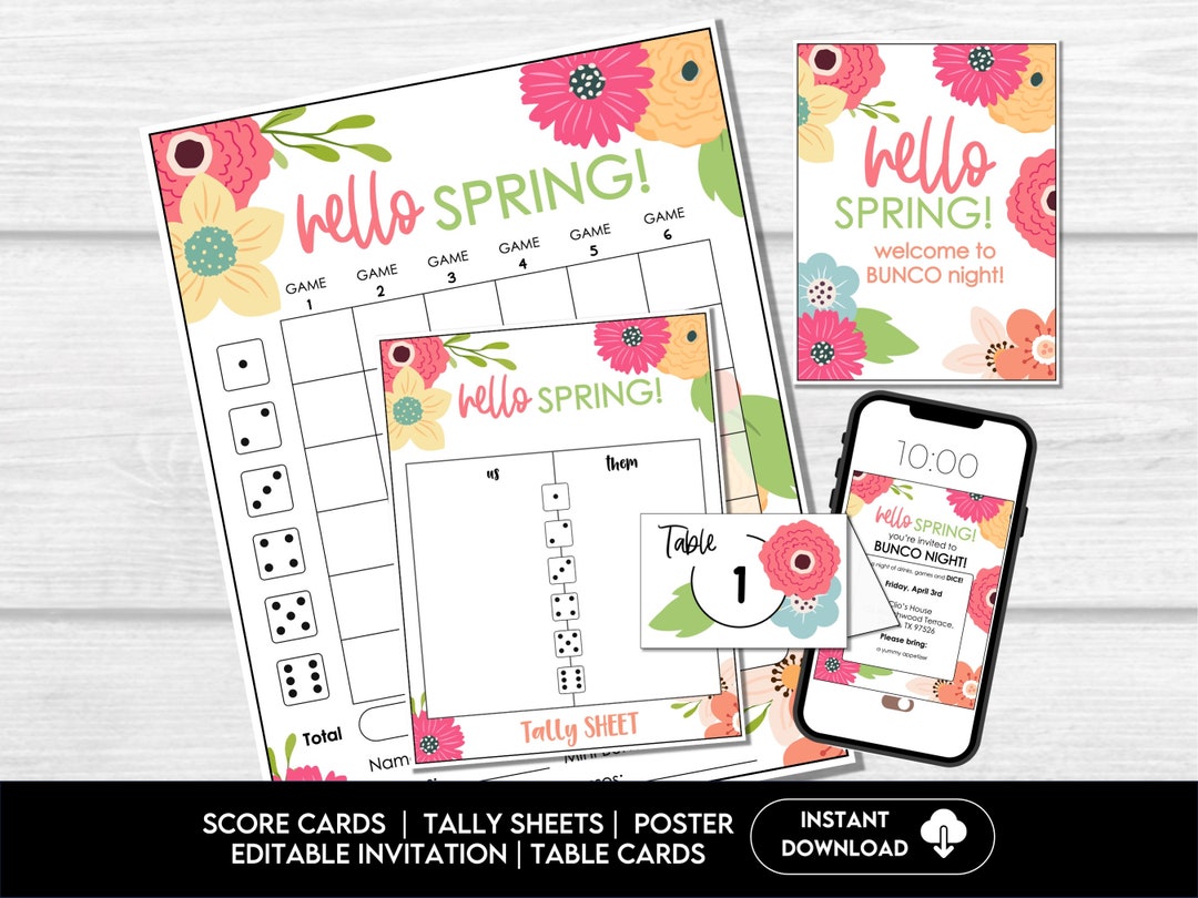Hello Spring Bunco Score Cards, April Bunco Score Sheets, Spring Bunco ...