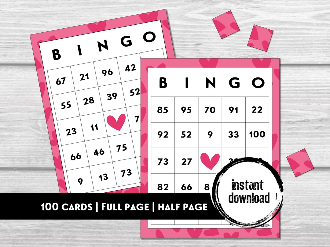 100 Valentines Day Bingo Cards | 1 per Page | 2 per Page | Fun ...
