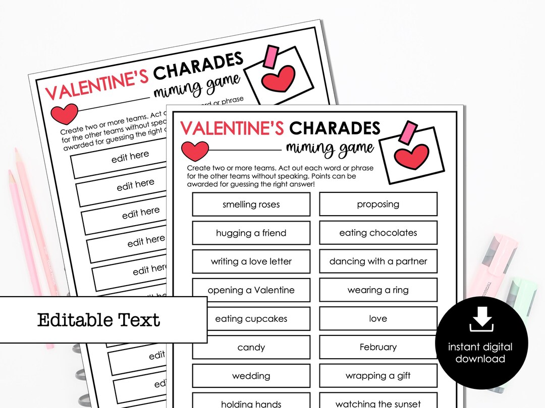 Valentine's Day Charades Party Game for Kids, Classroom Charades ...