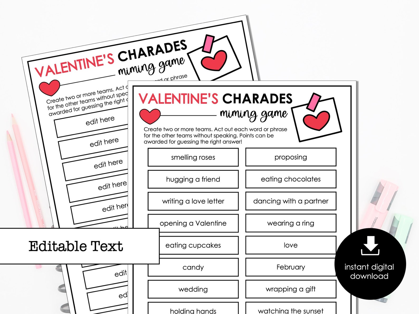 Valentine's Day Charades Party Game for Kids, Classroom Charades ...