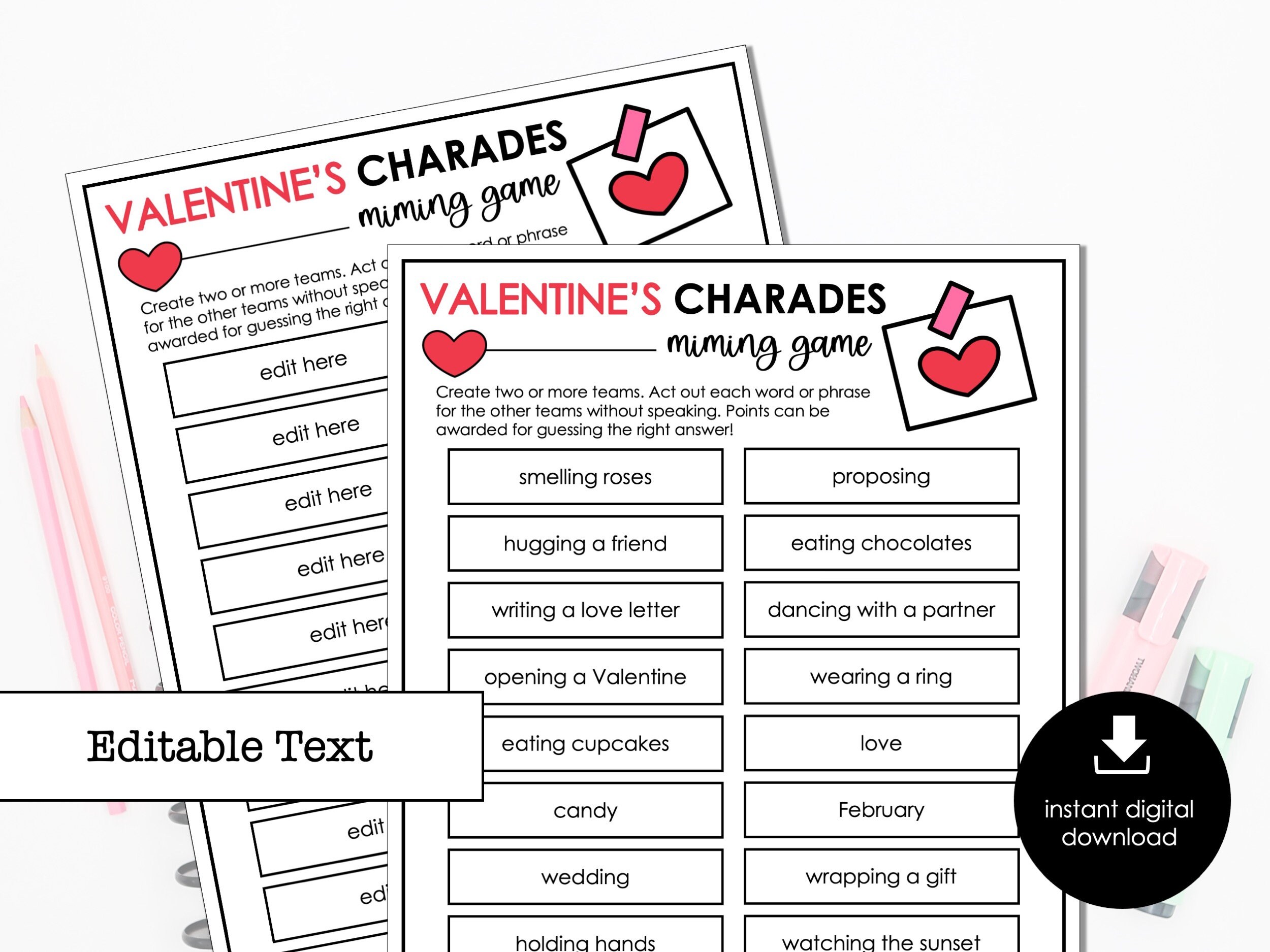 Valentine's Day Charades Party Game for Kids, Classroom Charades ...