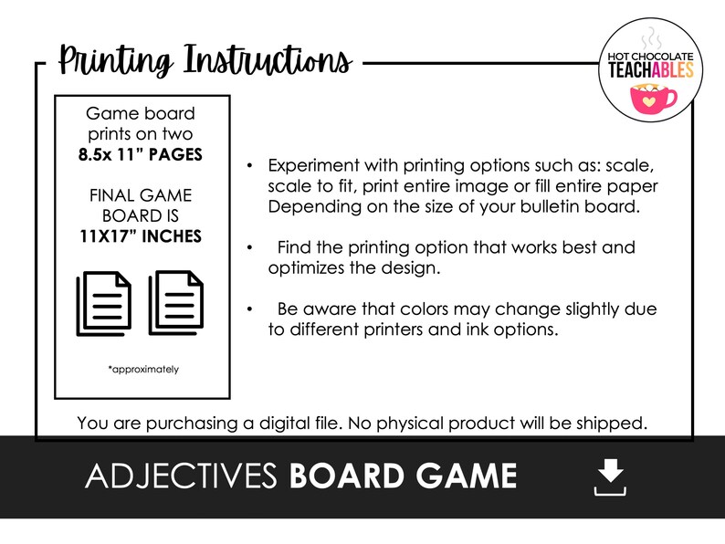Adjectives Printable Board Game Education Games Grammar - Etsy