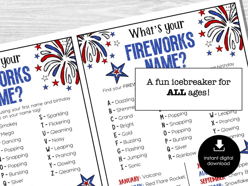 What's Your Fireworks Name 4th of July Ice Breaker Game - Etsy