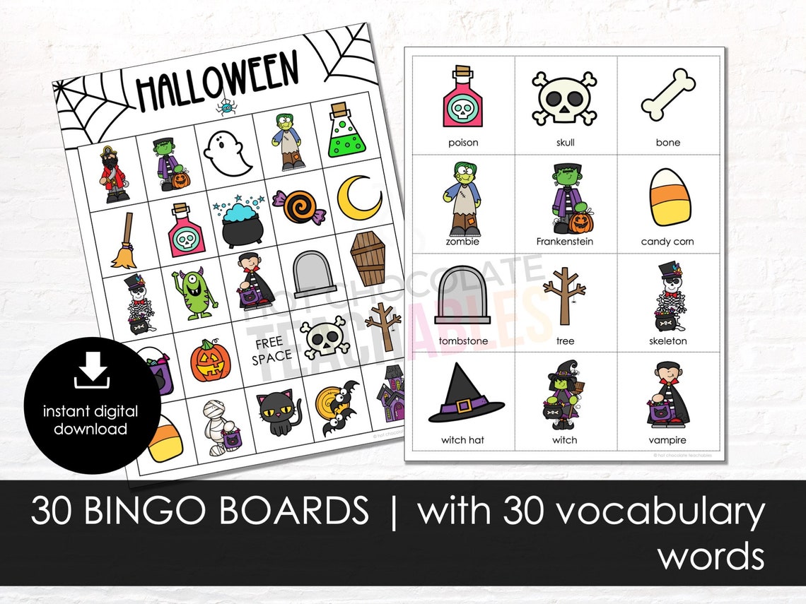 Halloween Bingo Printable Halloween Vocabulary Bingo Game - Etsy