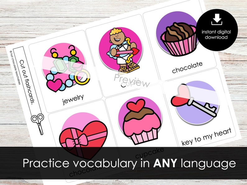Valentine's Day Printable Flashcards for Kids, Valentine Vocabulary ...