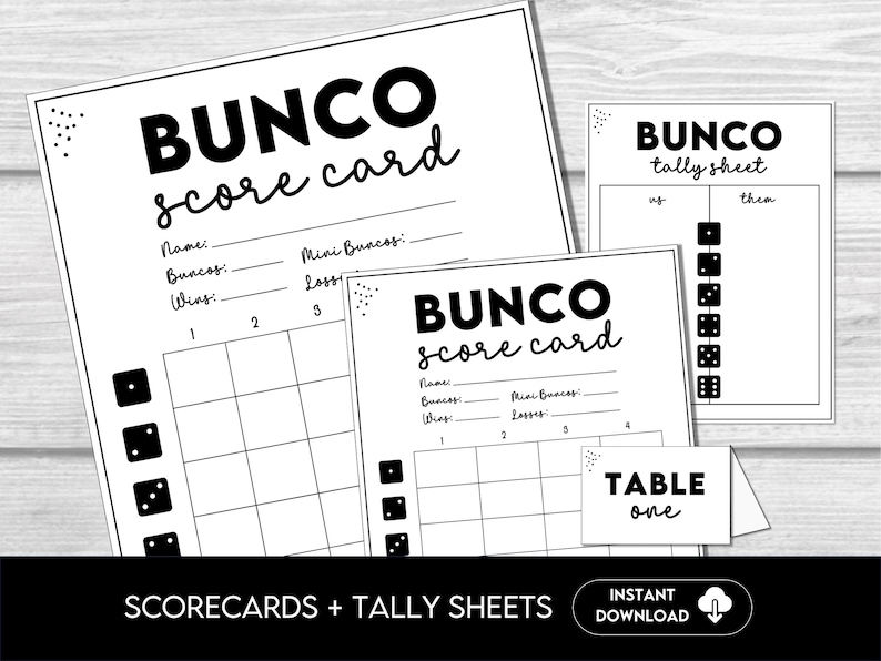 Minimalist Bunco Score Card Set Printable, Tally Sheets & Table Cards ...