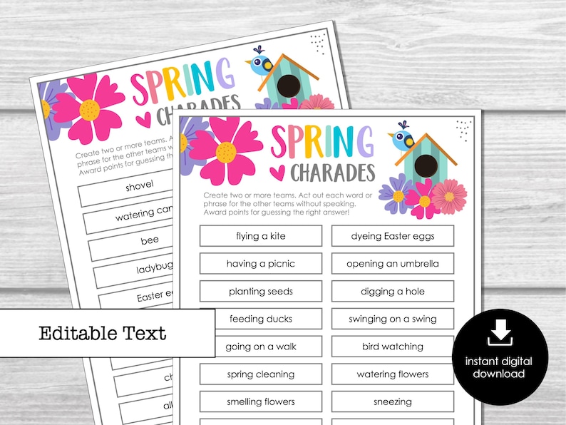 Spring Charades Party Game for Kids, Classroom Charades for Springtime ...