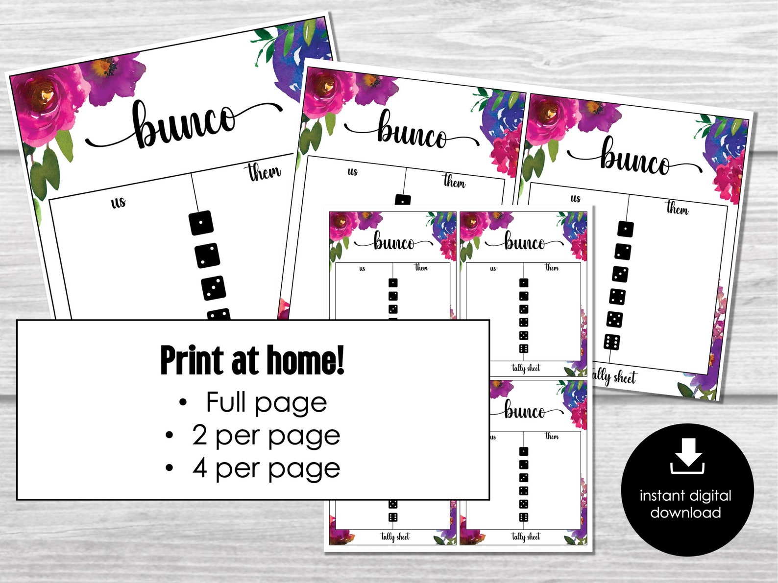 Floral Bunco Score Cards, Simple Bunco Score Sheets, Floral Bunco Party ...