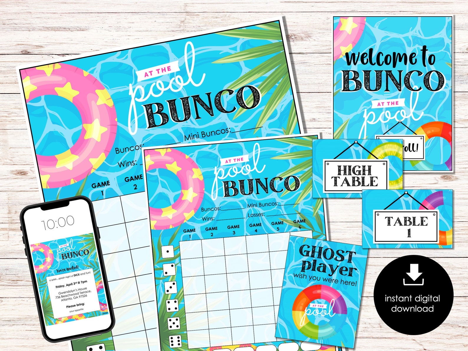 Summer Pool Party Bunco Score Cards, Swim Party Bunco Score Sheets ...