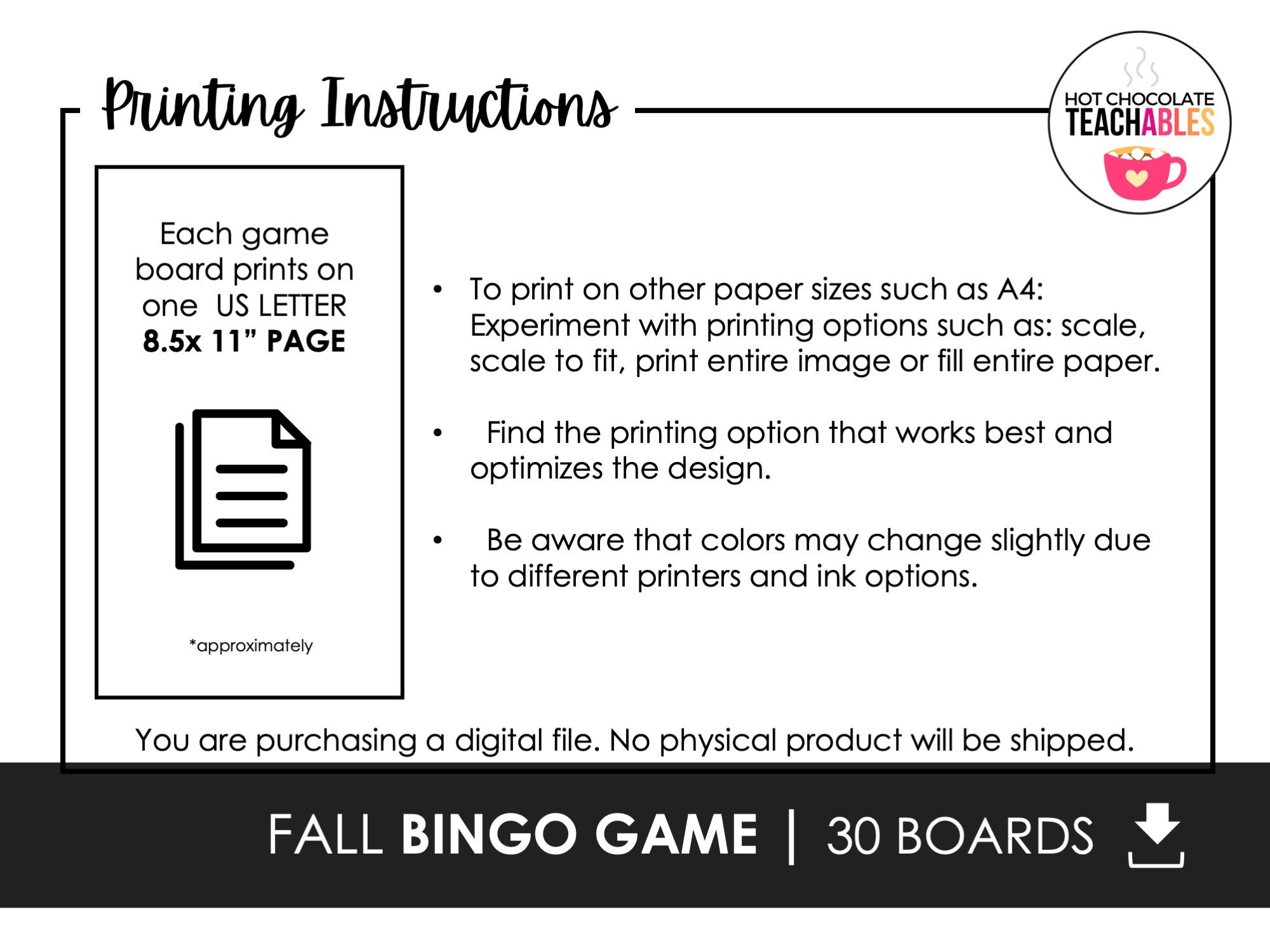FALL Bingo Printable AUTUMN Vocabulary Bingo Game Practice - Etsy