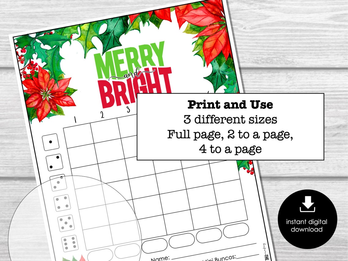 Christmas Floral Bunco Score Sheets, December Bunco Game, Christmas ...