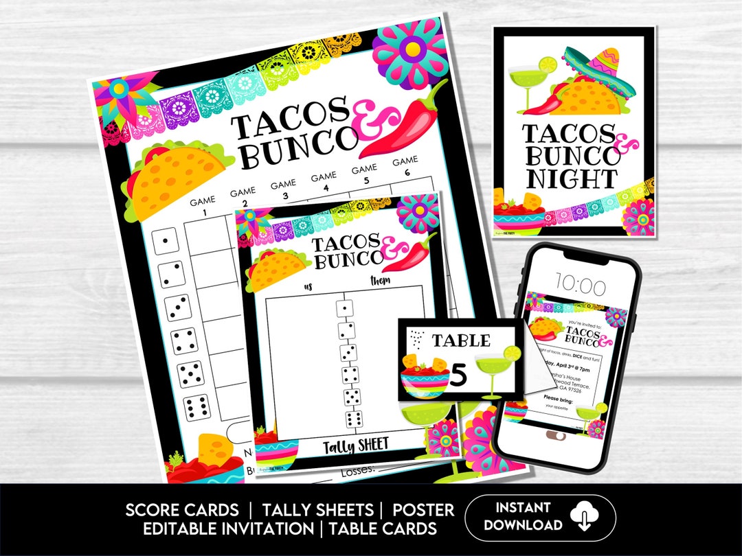 Taco Night Bunco Party Bundle Printable, Score Cards, Table Numbers ...