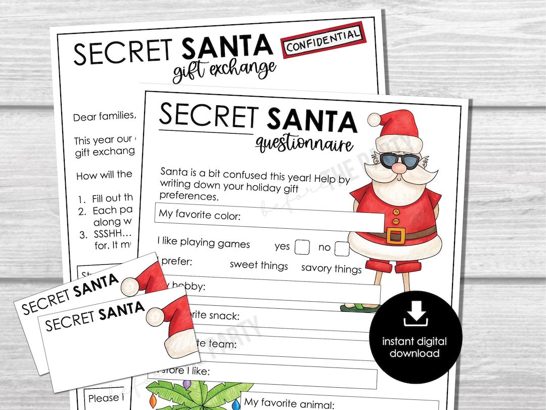Secret Santa Questionnaire for Kids: Classroom Gift Exchange (printable ...