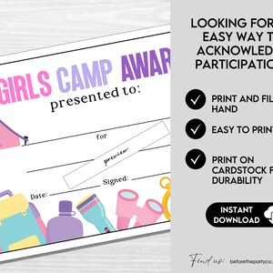 Girls Camp Awards, Summer Camp Certificate for Kids, Printable ...