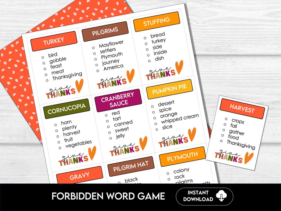 Thanksgiving Forbidden Word Game | Thanksgiving Guess the Word Game ...