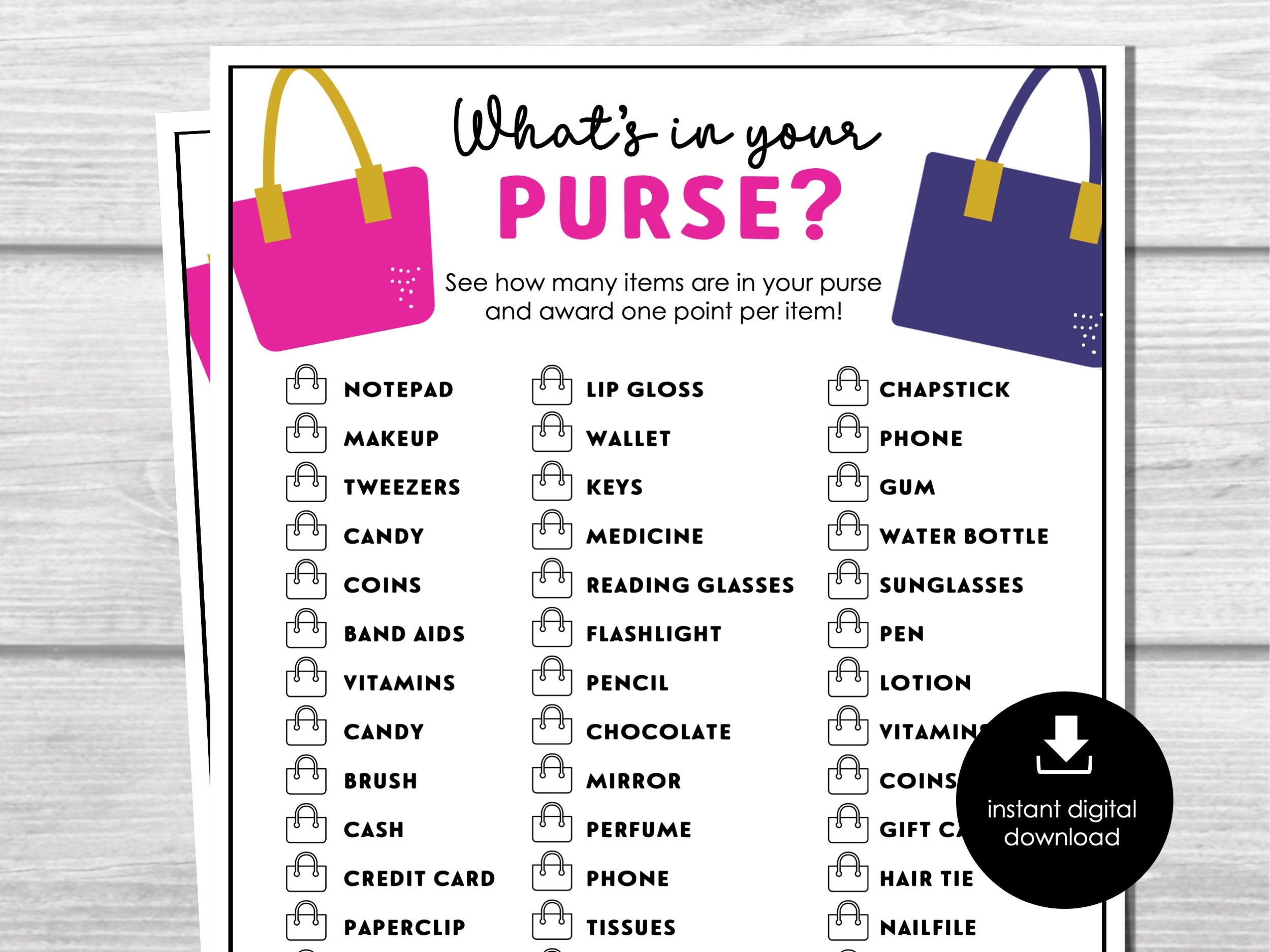 Whats In Your Purse Game Template Customizable