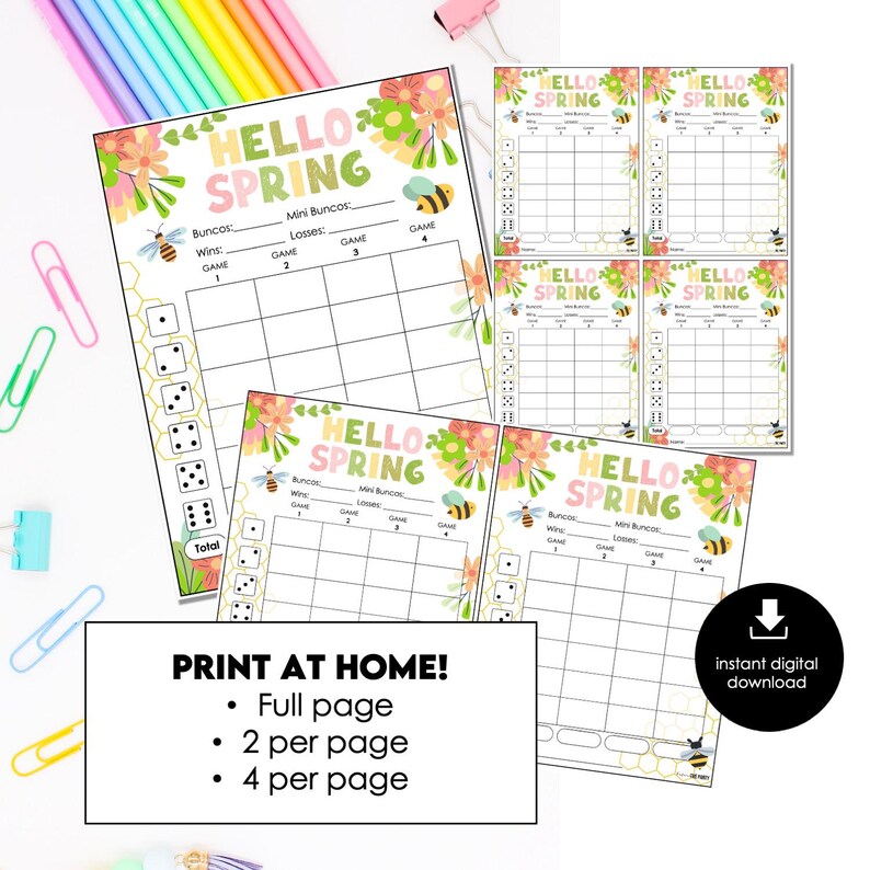 Spring Bunco Score Card Only Printable, Bee Floral Party Game, Digital ...