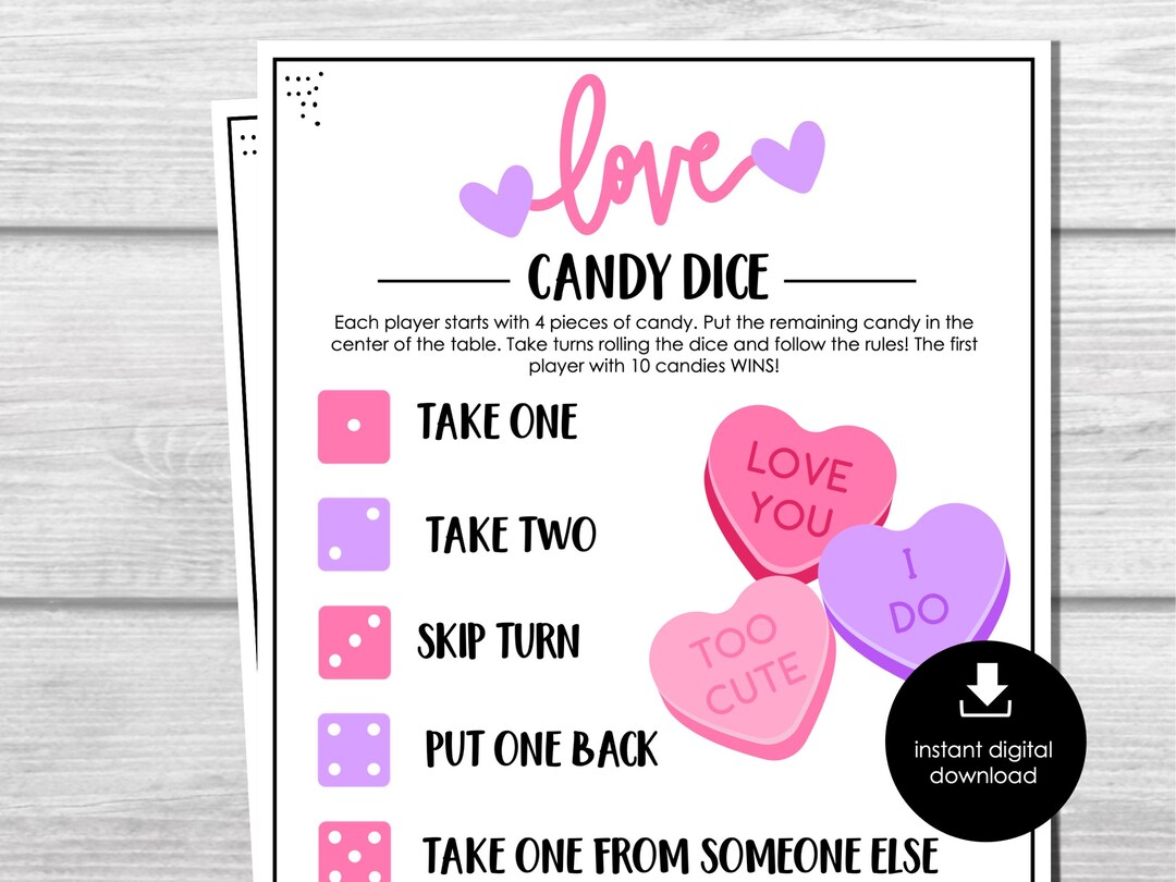 Valentine's Day Candy Dice Game, Valentine Party Game for Kids, Easy ...