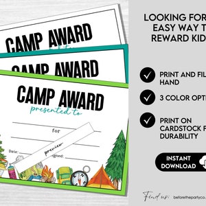 Camp Participation Award Certificates, Summer Camp Awards for Kids ...