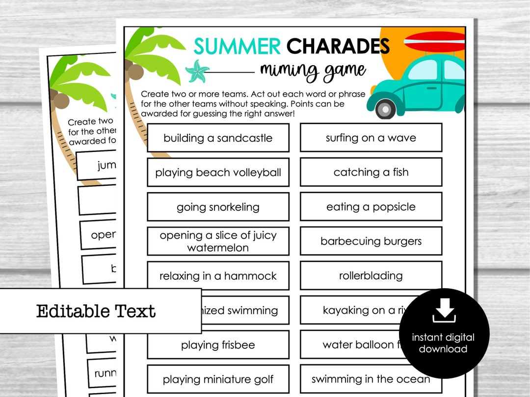 Summer Charades Party Game for Kids, Action Charades, Miming Game ...