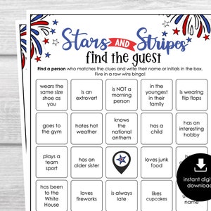 4th of July Find the Guest Bingo, Printable Party Game, Game for Adults ...