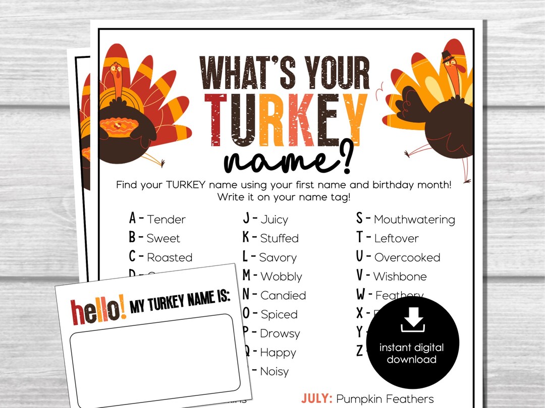 Thanksgiving Whats Your Turkey Name Game, Thanksgiving Party Games, Fun ...