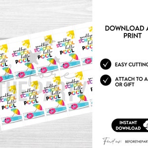 Goodbye School Hello Pool Gift Tags, Printable Summer End of School ...