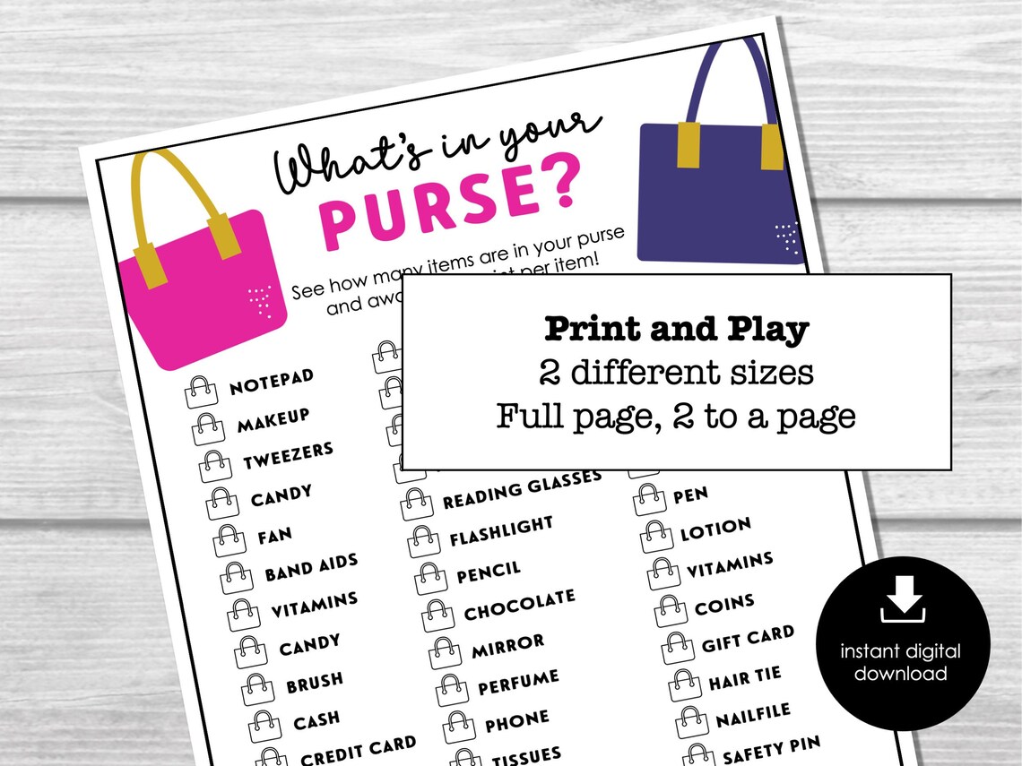 Ladies Night Purse Game: Printable Bridal Shower Icebreaker (instant ...