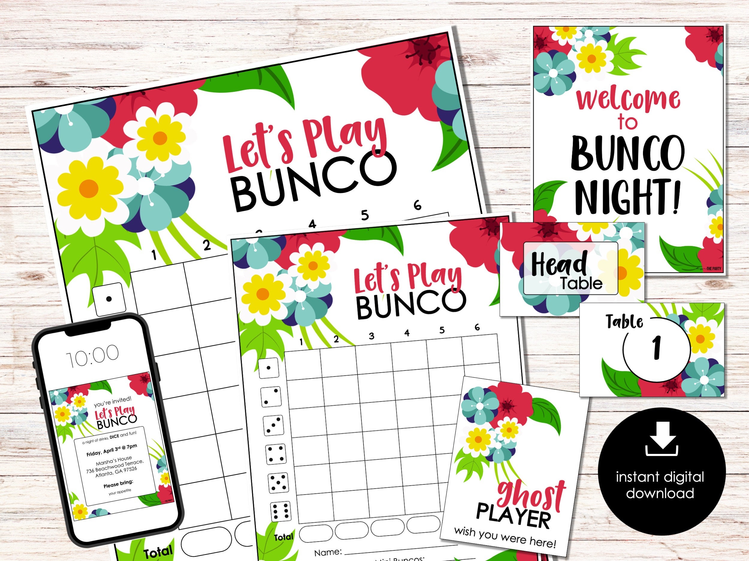 Spring Floral Bunco Score Cards, April Bunco Score Sheets, Spring Bunco ...
