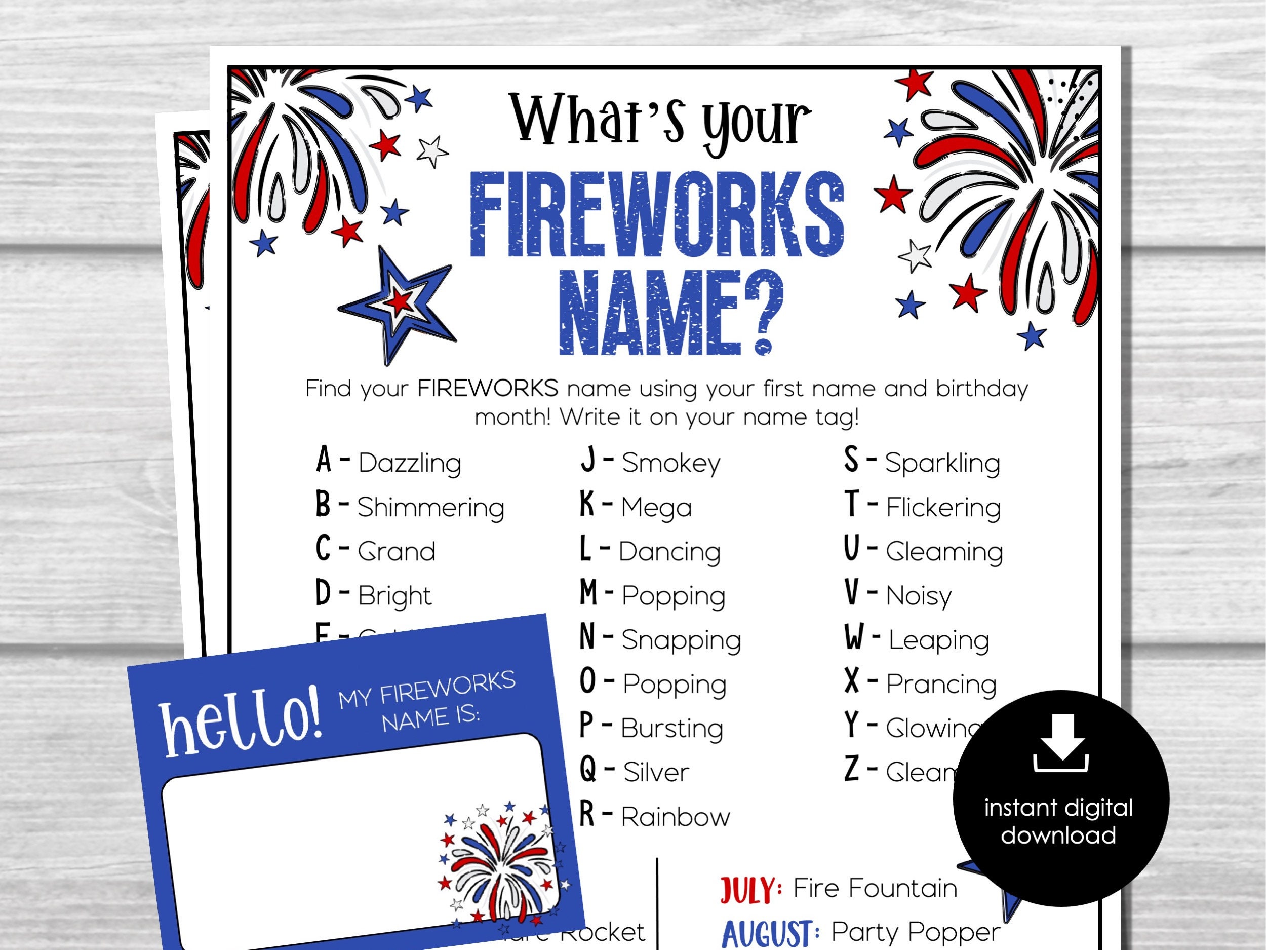 What's Your Fireworks Name 4th of July Ice Breaker Game - Etsy