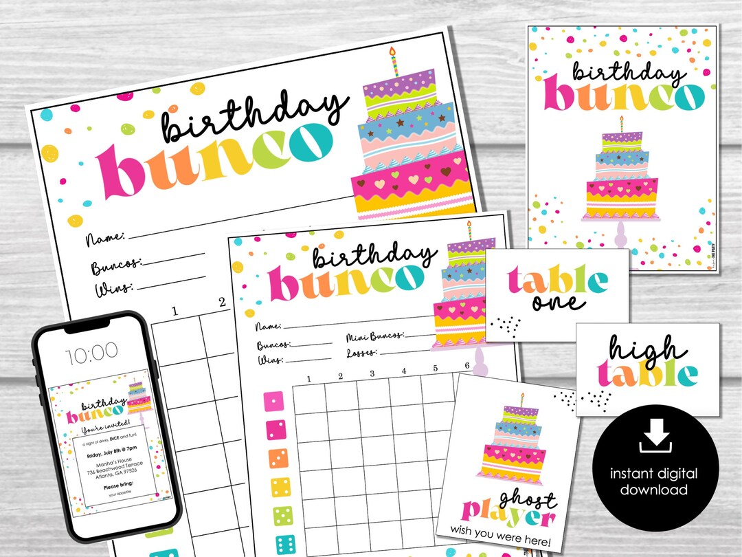 Birthday Party Bunco Score Cards, Happy Birthday Bunco Invitation ...