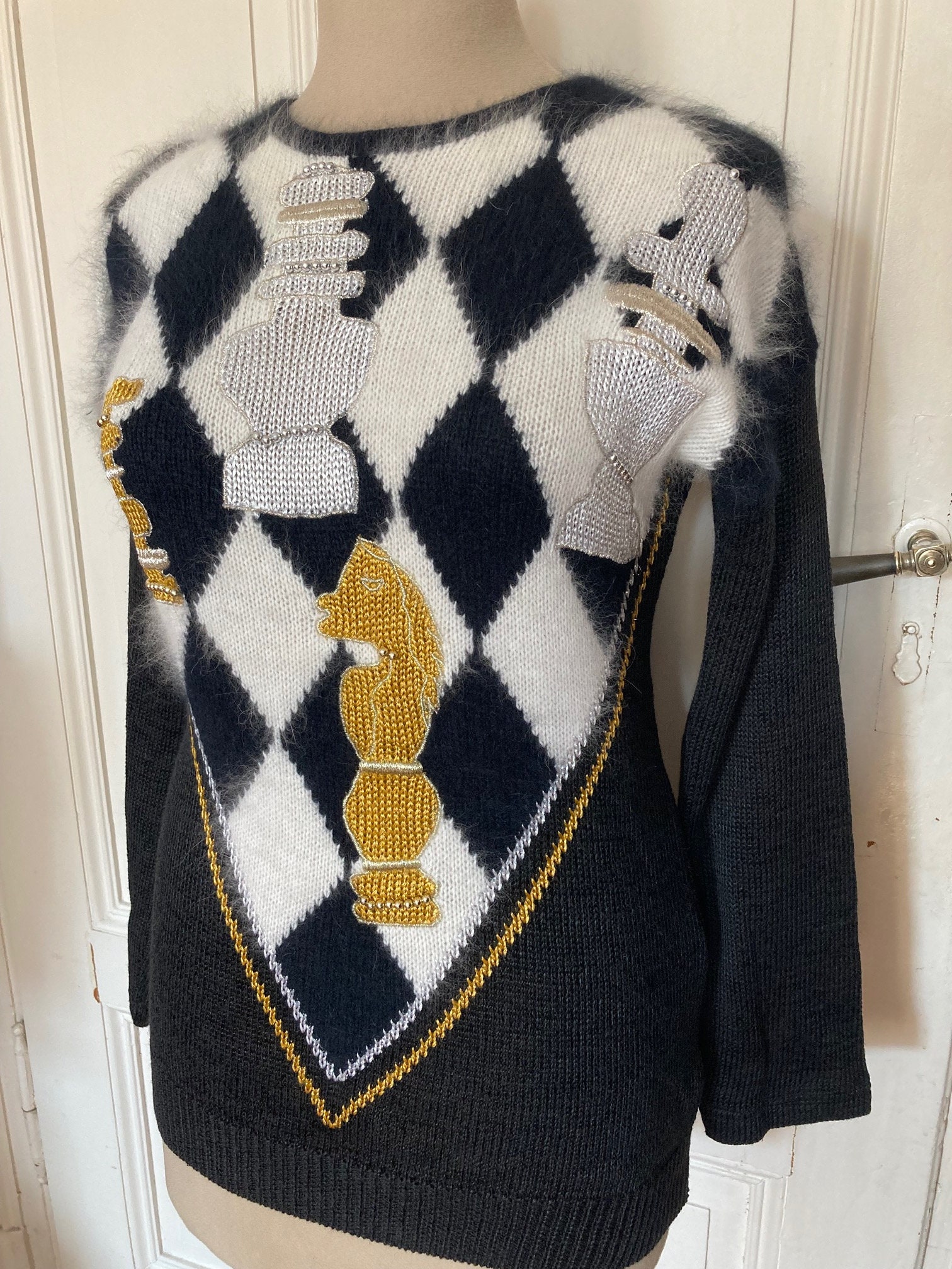 Vintage 80s Checkerboard Schach Sweater Angora 90s - Etsy