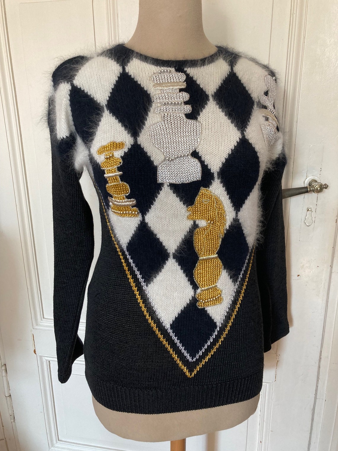 Vintage 80s Checkerboard Schach Sweater Angora 90s - Etsy