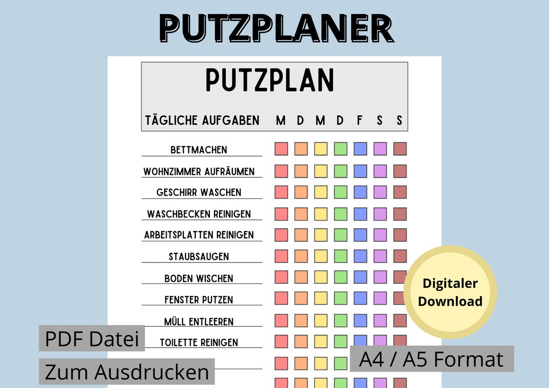 Putzplan Digitaler Planer Deutsch Putzhilfe Putzplan Tabelle - Etsy
