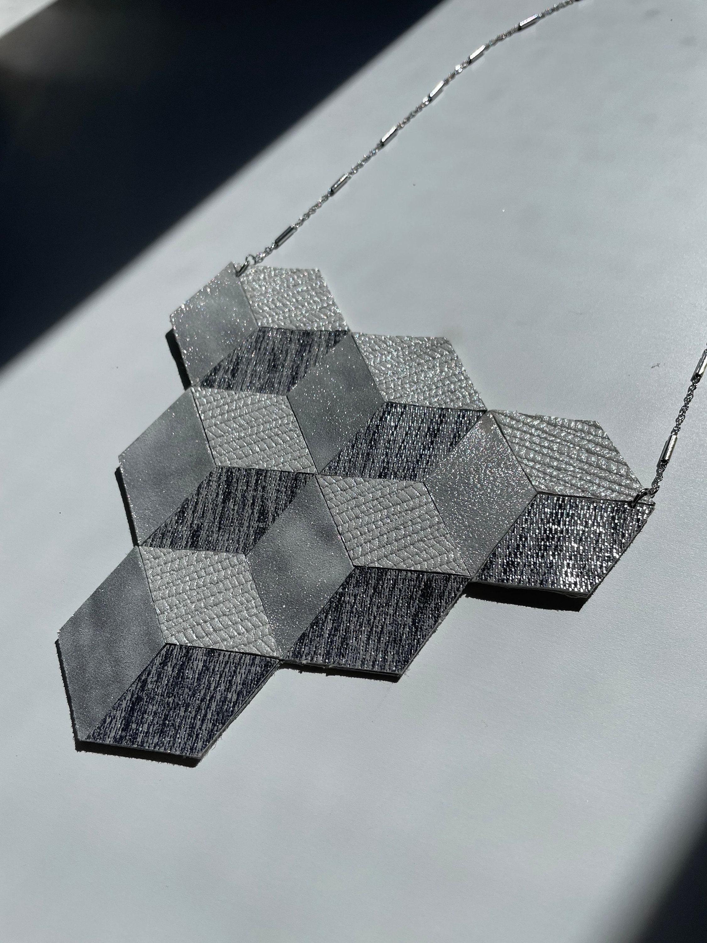 Genuine, Sustainable Italian Leather Necklace. Unique and Hand Made Geometric Hexagon Cubes ...