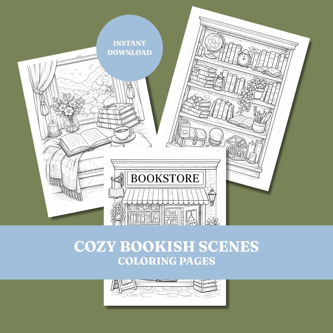 Cute Cozy Bookish Coloring Pages | Bundle | 10 Pages | Instant Download ...