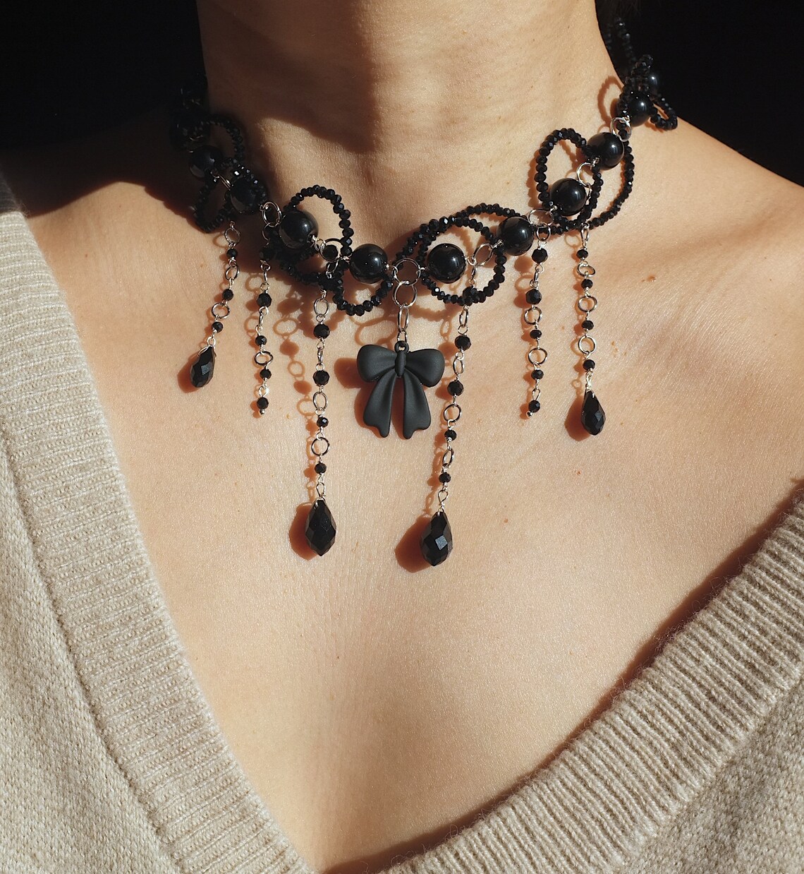 Handmade Black Bow Waterfall Choker/necklace.crystal,hand Wired, Dark ...