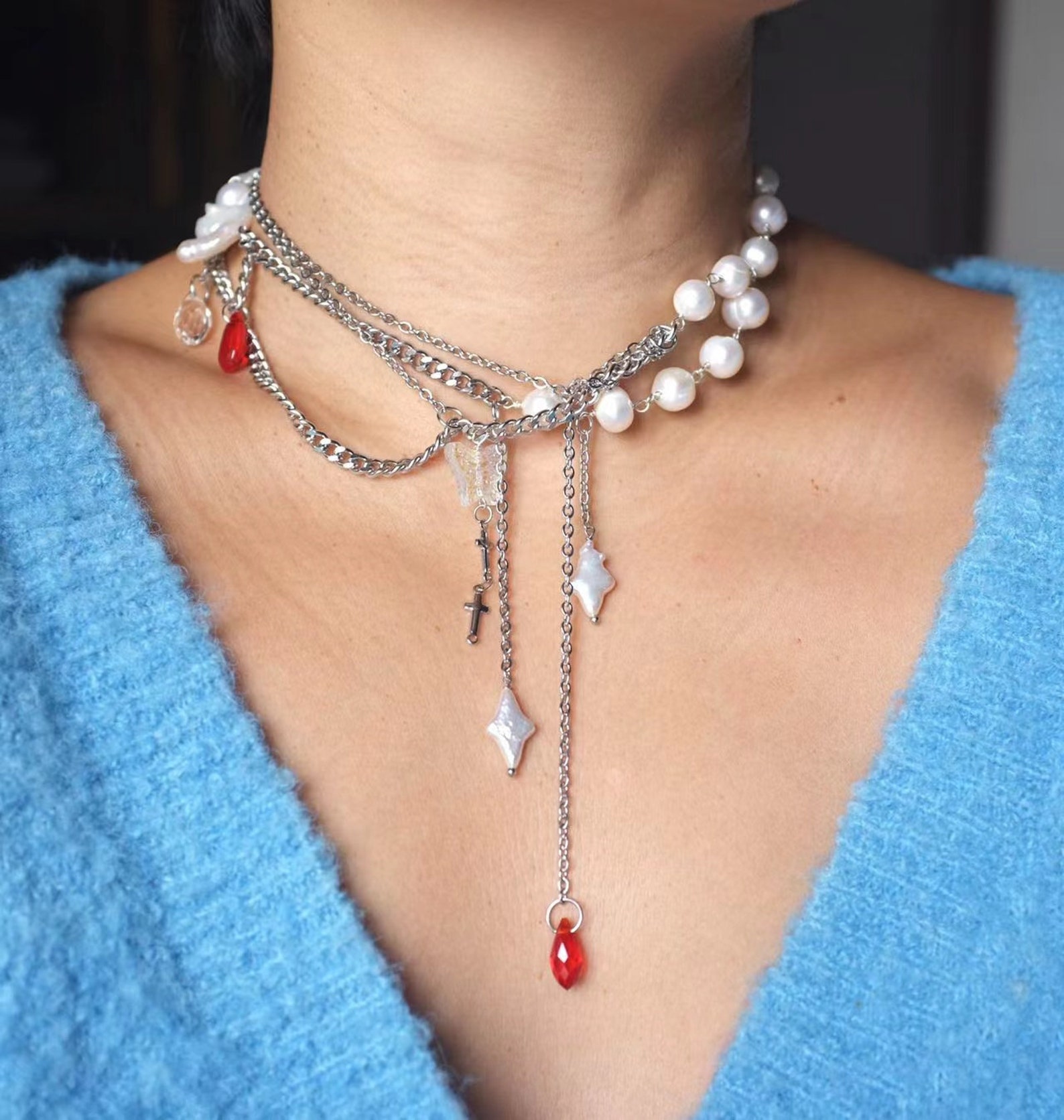 Hand Made Keshi Pearl With Red Tear Drop Beads Necklace, Gothic Core ...