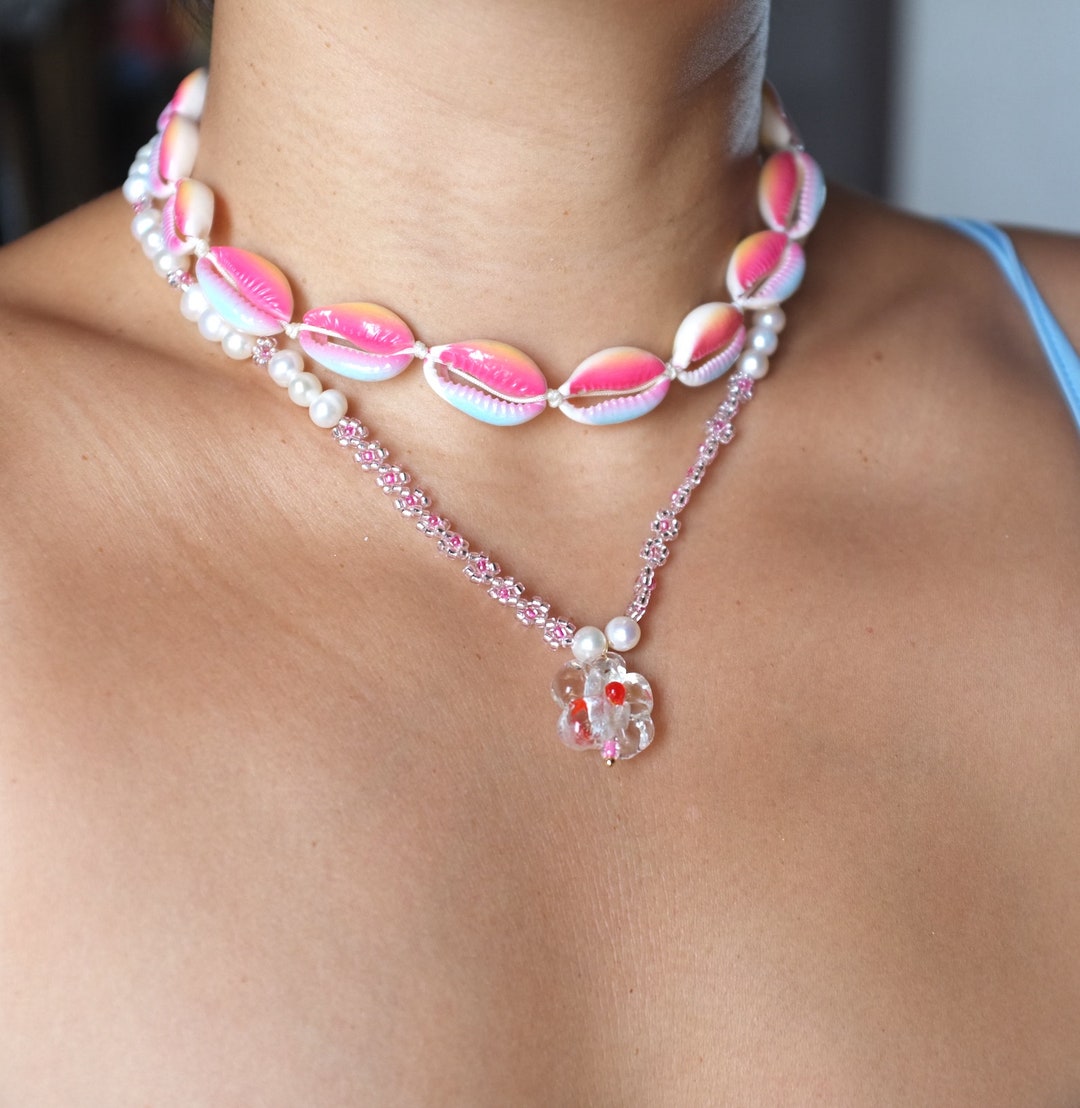 Hand Made Pink Sea Shell Knot Necklace Choker, Freshwater With Glass ...