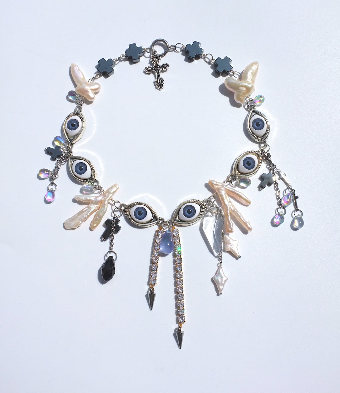 Handmade Six Eyes With Freshwater Pearls Black Cross Necklace,y2k ...