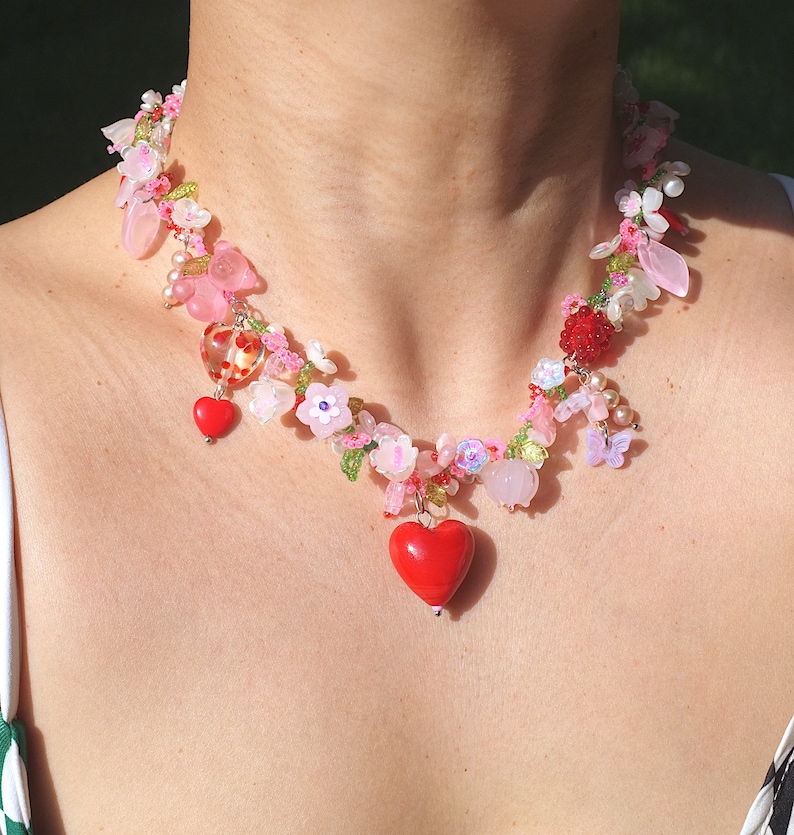 Hand Made Fairy Core Pink Flowers Raspberry Red Heart Pendant - Etsy