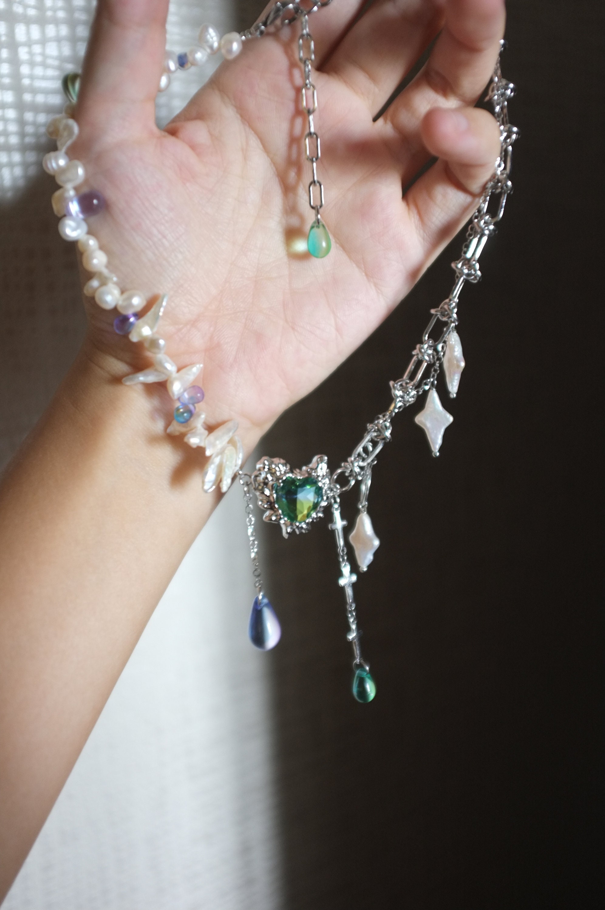 Hand Made Keshi Freshwater Pearls Heart Choker, Blue Green Water Drop ...