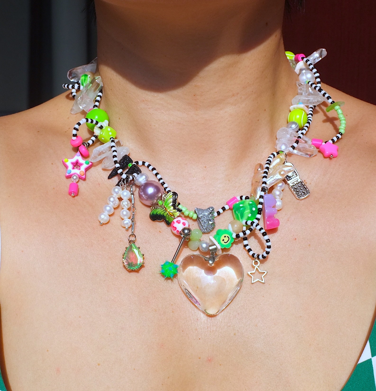 Handmade Glass Heart Pendant Necklace, Neon Green Pink, Butterfly ...