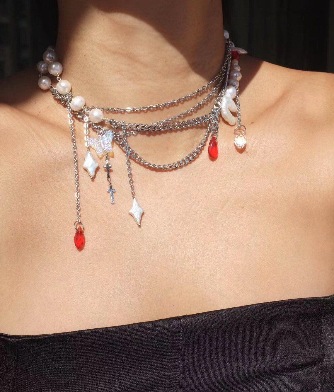 Hand Made Keshi Pearl With Red Tear Drop Beads Necklace, Gothic Core ...